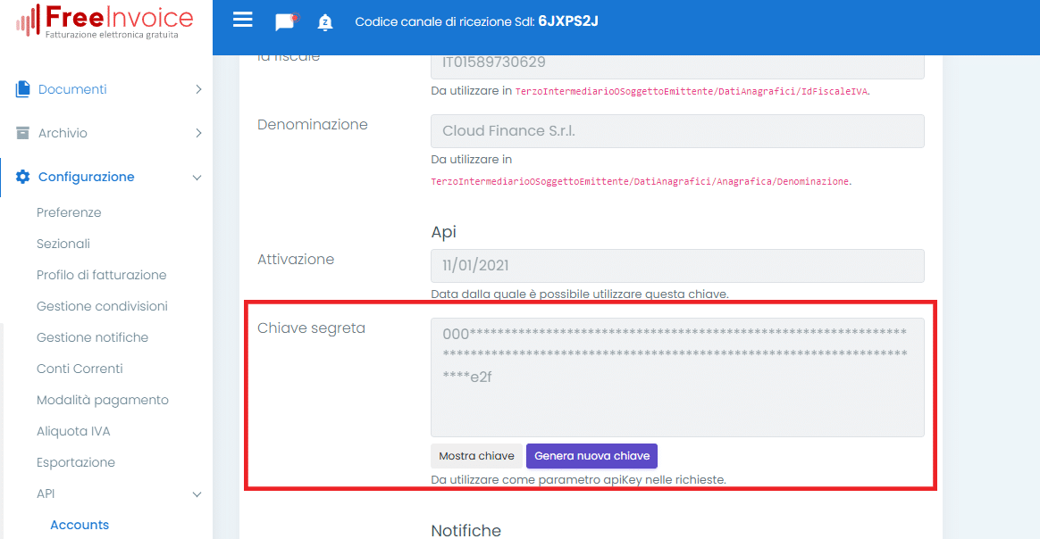 Generare API Key di Free Invoice - Guida Online | Cloud Finance